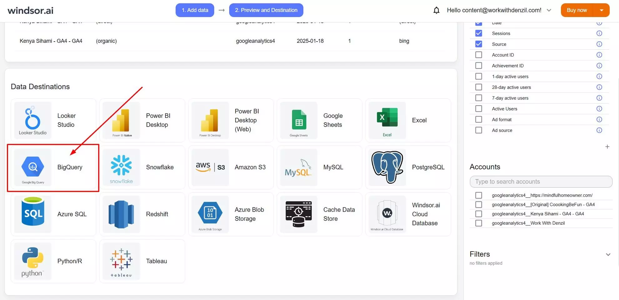 How to integrate data into Google BigQuery with Windsor.ai